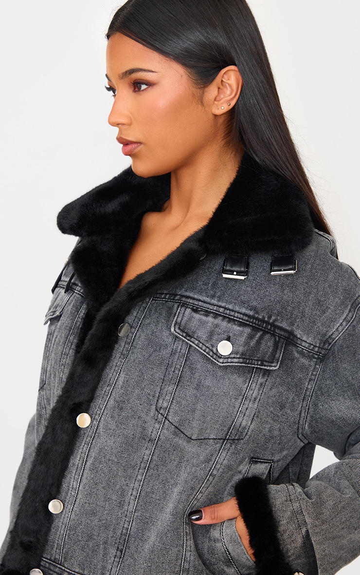 Grey Soft Faux Fur Aviator Style Denim Jacket | Denim ...