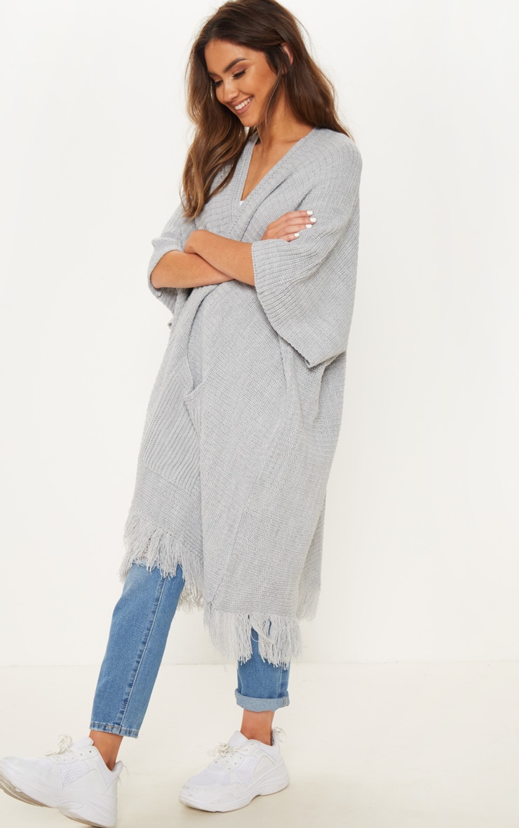 Grey Tassel Knitted Cape Cardigan | Knitwear | PrettyLittleThing USA