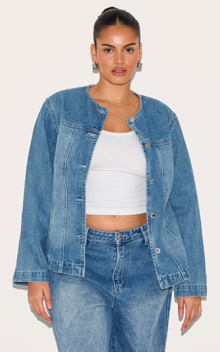 Plus Mid Blue Wash Mid Blue Wash Cinched Round Neck Denim Jacket | Plus ...