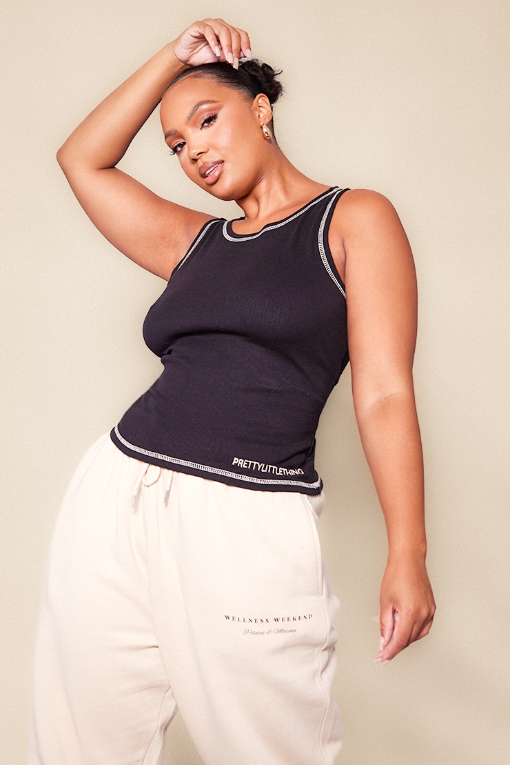 PLT Plus Black Embroidered Contrast Stitch Rib Racer Long Top | Plus Size | PLT