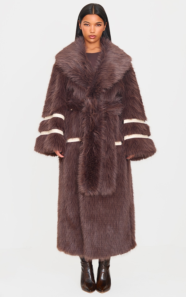 Brown Faux Fur Contrasting PU Trim Maxi Coat | Outerwear ...