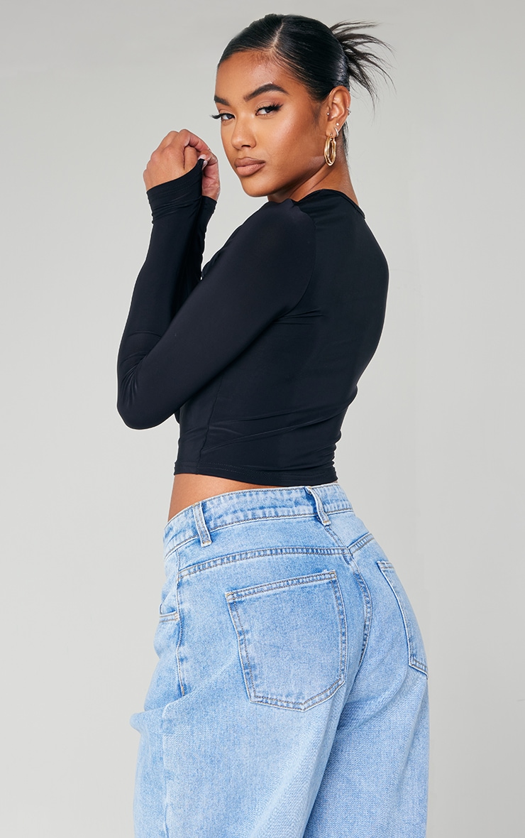 Black Slinky Cut Out Front Long Sleeve Top | PrettyLittleThing USA