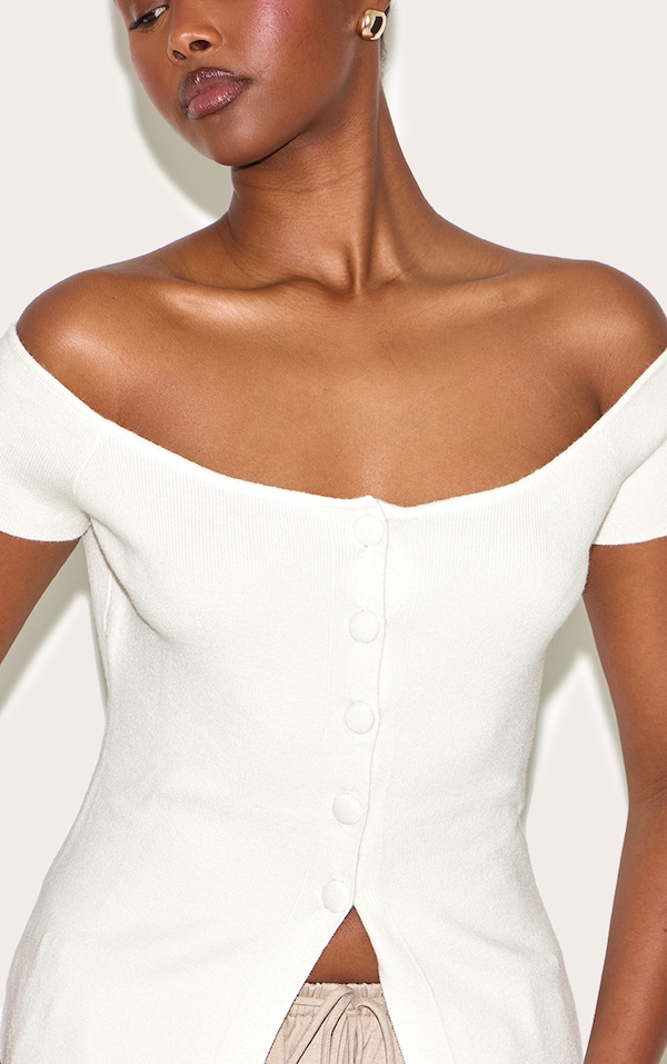 Ecru Rib Knit Button Up Bardot Split Hem Top | Knitwear ...