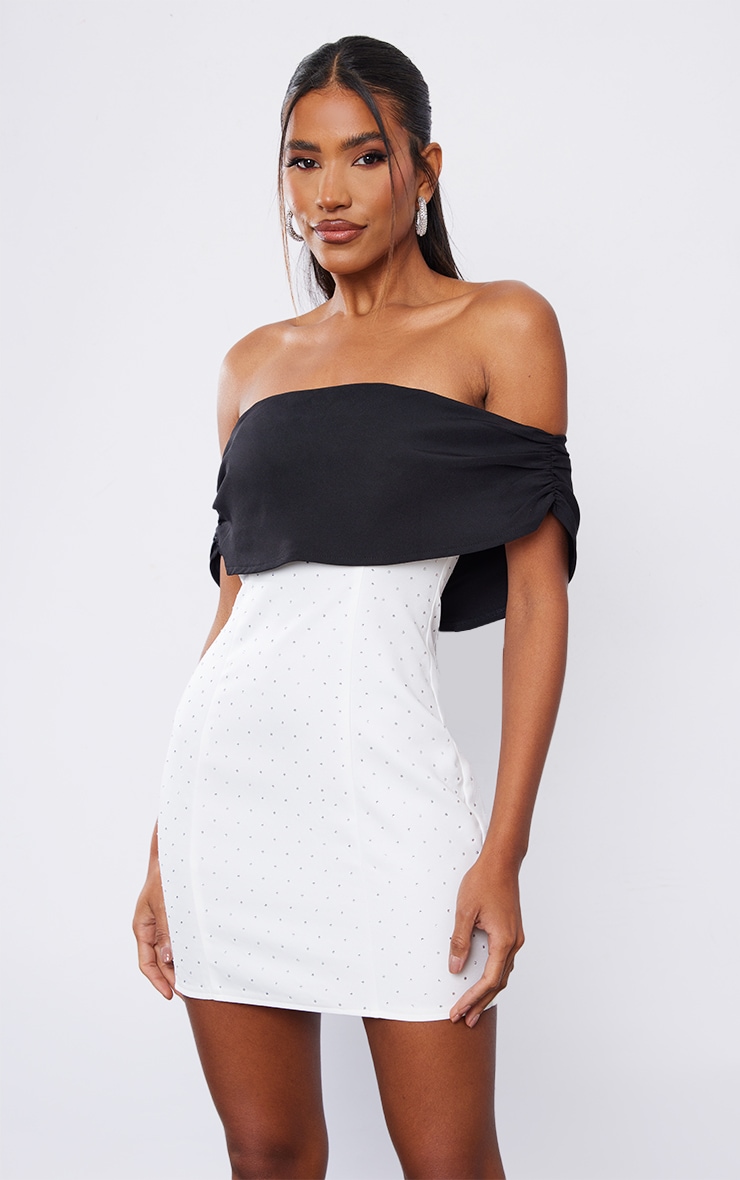 White Diamante Hot Fix Bardot Bodycon Dress | Dresses | PLT