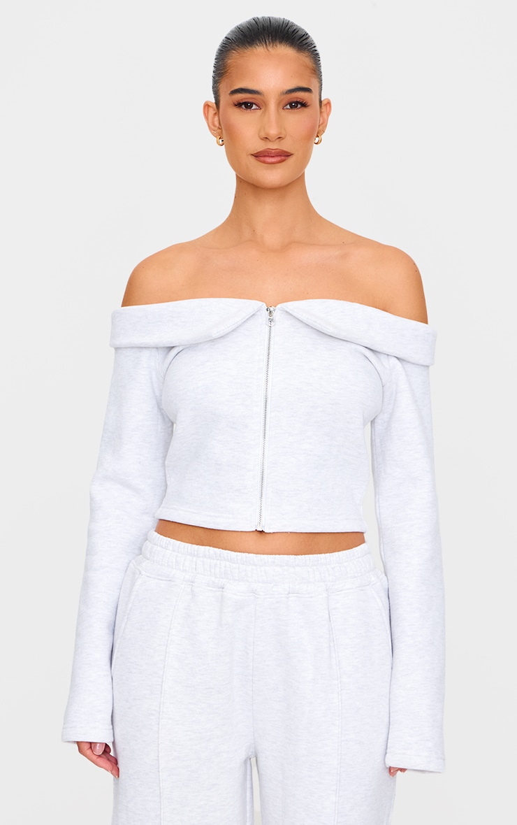 Ash Grey Off The Shoulder Zip Front Sweat Top | Sweat ...