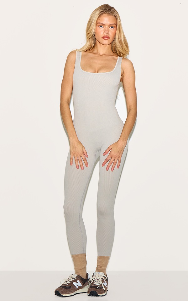 Silver Structured Snatched Rib Scoop Neck Jumpsuit | Jumpsuits ...