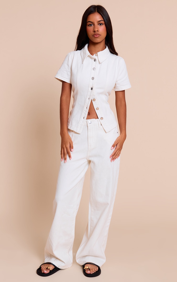 Petite White Denim Button Up Short Sleeve Shirt | Petite | PLT