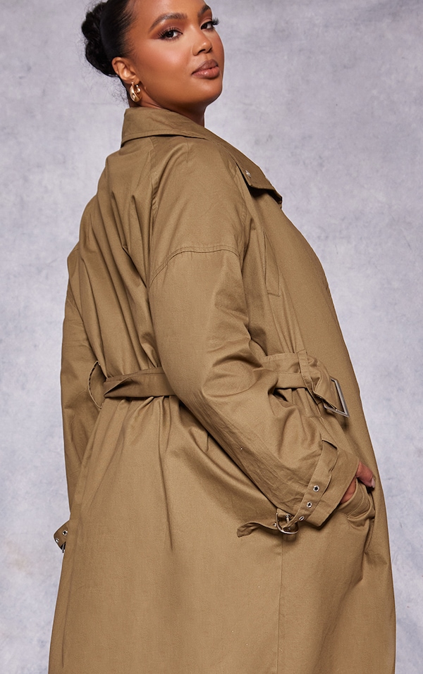 Plus Khaki Belted Cuff Detail Trench Coat | Plus Size ...
