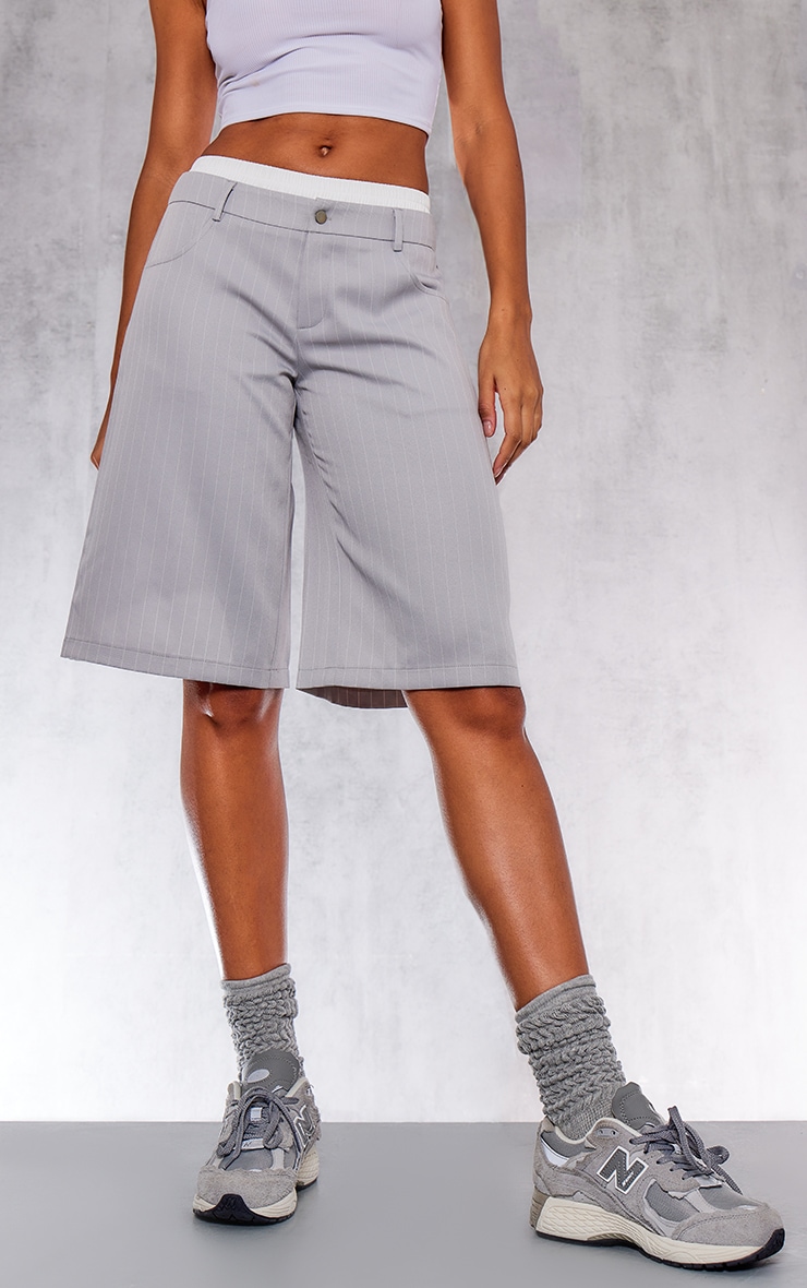 Light Grey Pinstripe Double Waistband Tailored Jorts | Bottoms ...