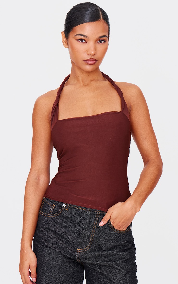 Chocolate Halter Neck Twist Strap Detail Crop Top | Tops ...