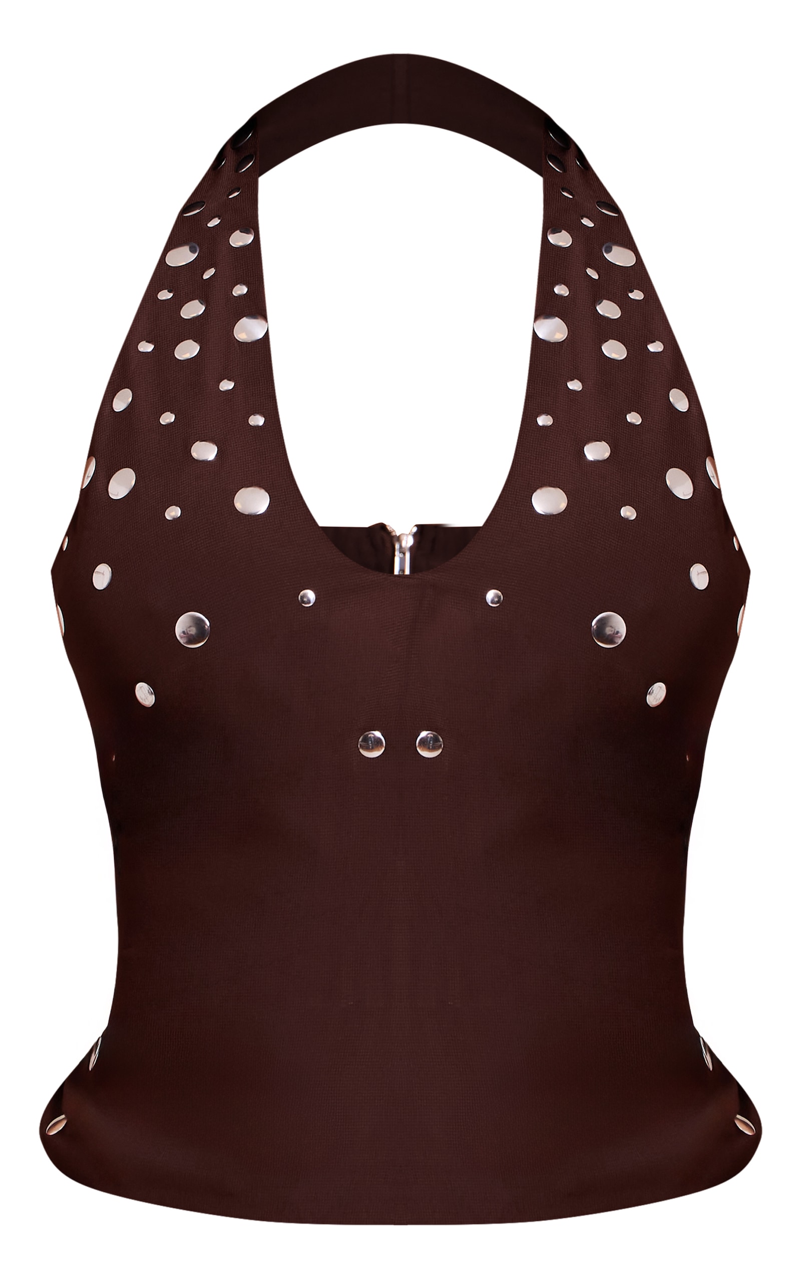 Petite Brown Stud Detail Halterneck Top | Petite | PrettyLittleThing USA