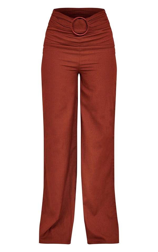 Rust Linen Look Ring Front Wide Leg Trousers | Bottoms | PLT
