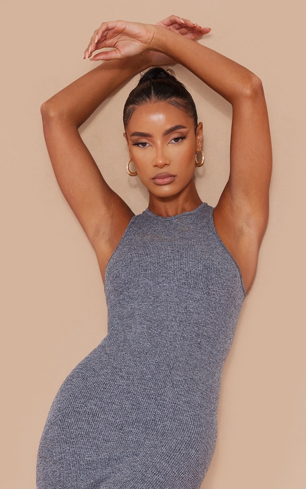 Grey Marl Structured Snatched Rib Racer Neck Dress | PrettyLittleThing USA