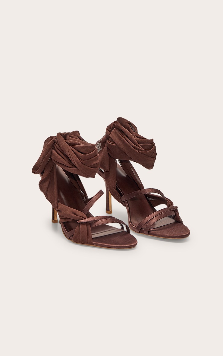 Chocolate Satin Round Toe Ribbon High Heel Sandals | Footwear | PLT