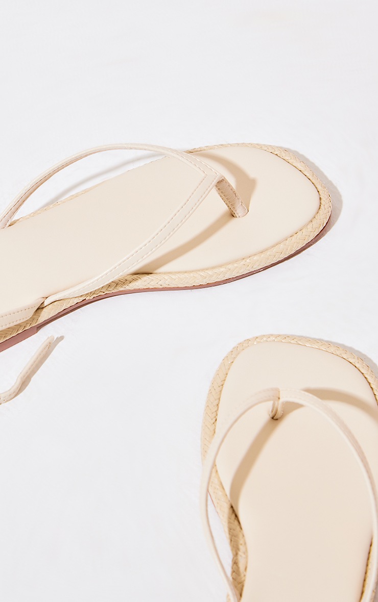 Cream Wide Fit PU Raffia Edge Flip Flop Sandals | Footwear | PLT