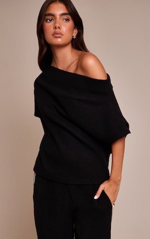 Black Heavy Brushed Rib One Shoulder Slouchy Top | Tops | PLT AUS