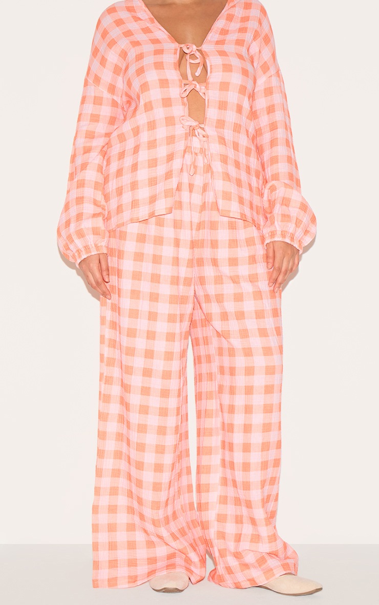 Plus Orange Check Cheesecloth Tie Waist Trouser Plus Size