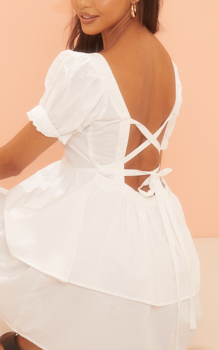 White Cotton Puff Sleeve Tiered Shift Dress | PrettyLittleThing USA