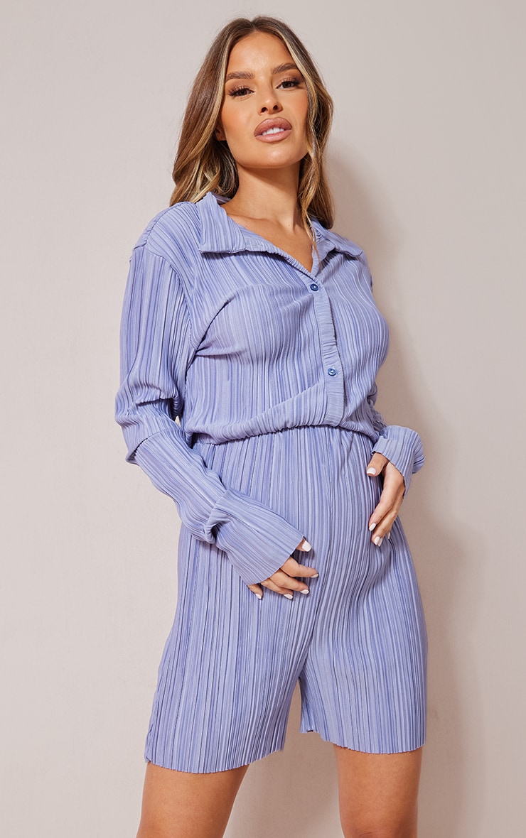 Maternity Blue Plisse Button Through Playsuit | PrettyLittleThing