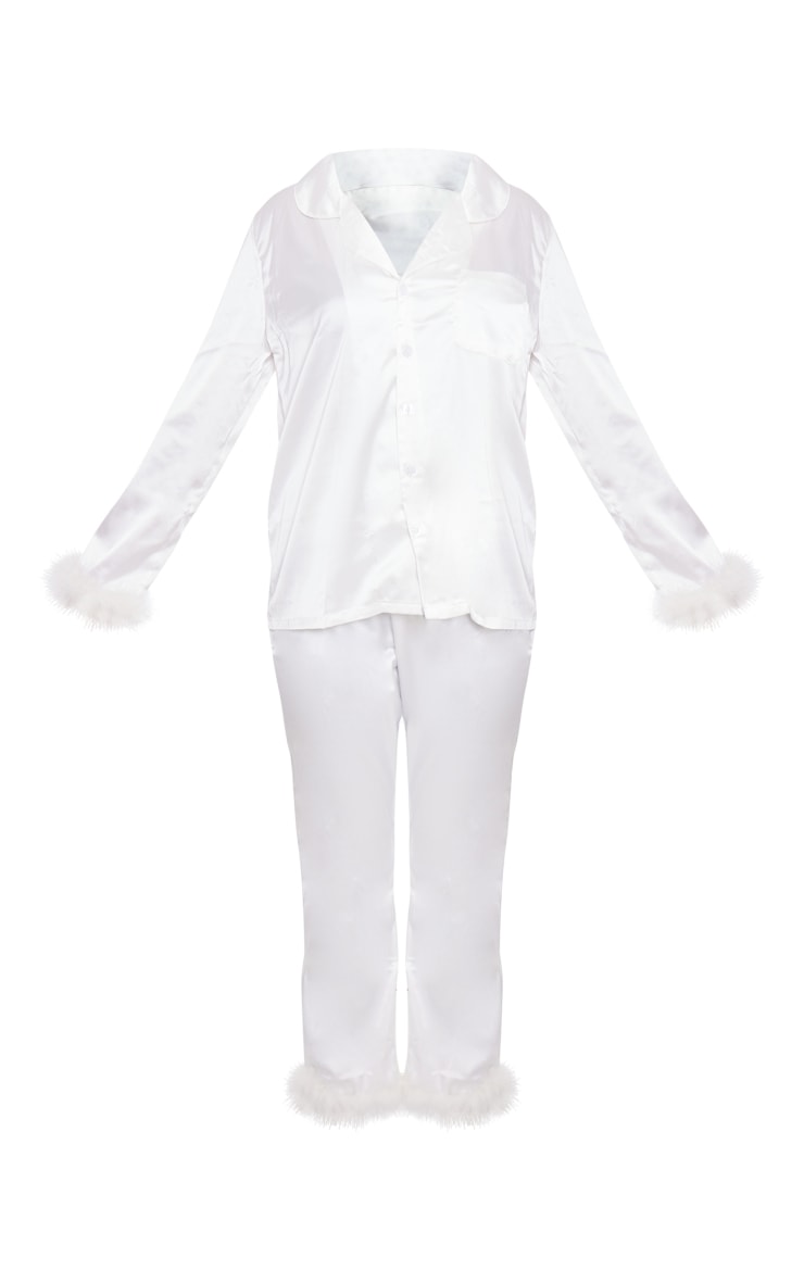 White Feather Trim Sating Long PJ Set | Lingerie & Nightwear ...