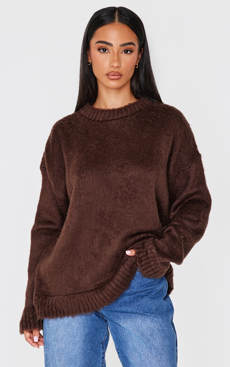 Petite Chocolate Fluffy Knit Oversized Jumper | Petite | PrettyLittleThing
