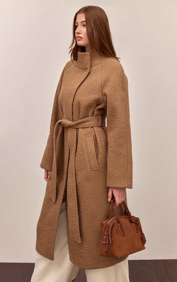 Camel High Neck Tie Waist Wool Look Maxi Coat | Outerwear | PLT
