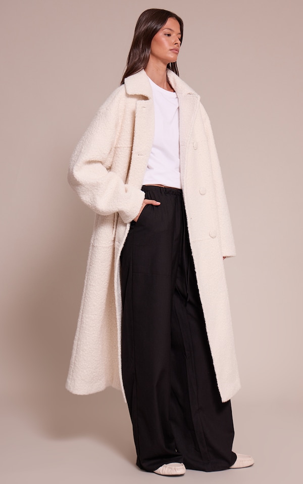 Ecru Boucle Double Breasted Maxi Coat | Outerwear | PLT