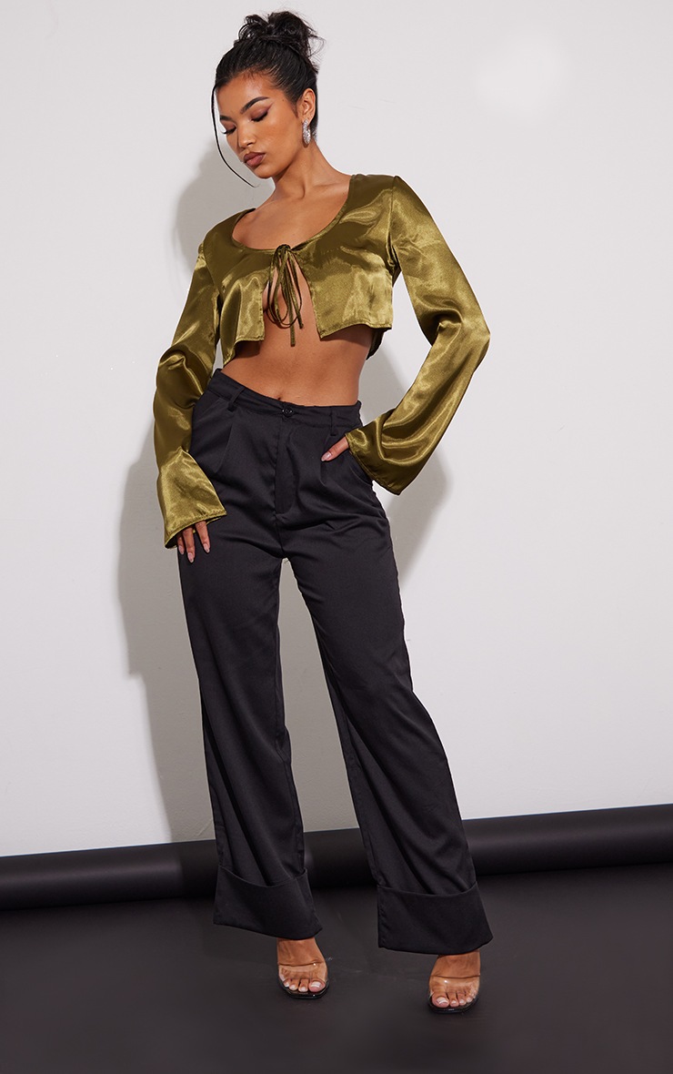 Olive Satin Thin Tie Front Long Sleeve Crop Shirt | Tops | PLT