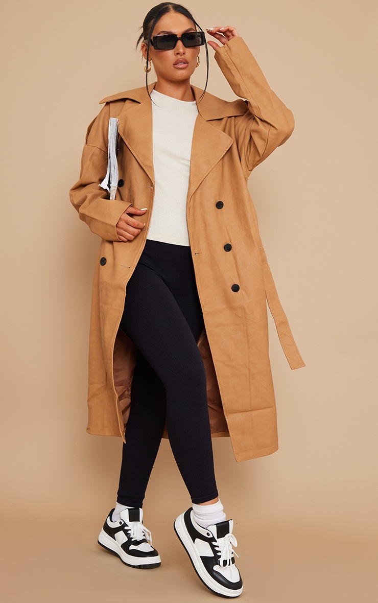 Camel Faux Leather Drop Arm Midi Trench | Outerwear | PLT