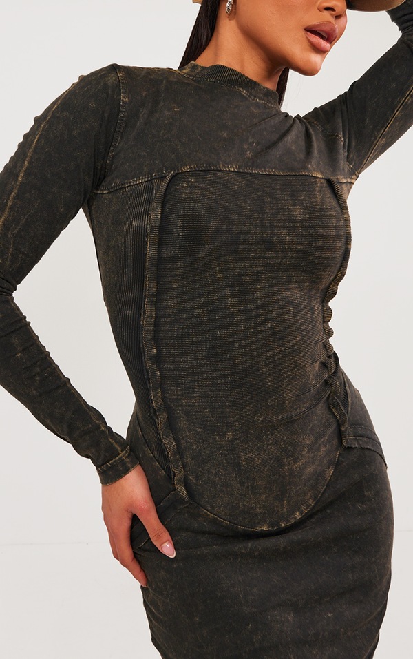 Dark Khaki Washed Rib Long Sleeve Bodycon Dress | Dresses ...