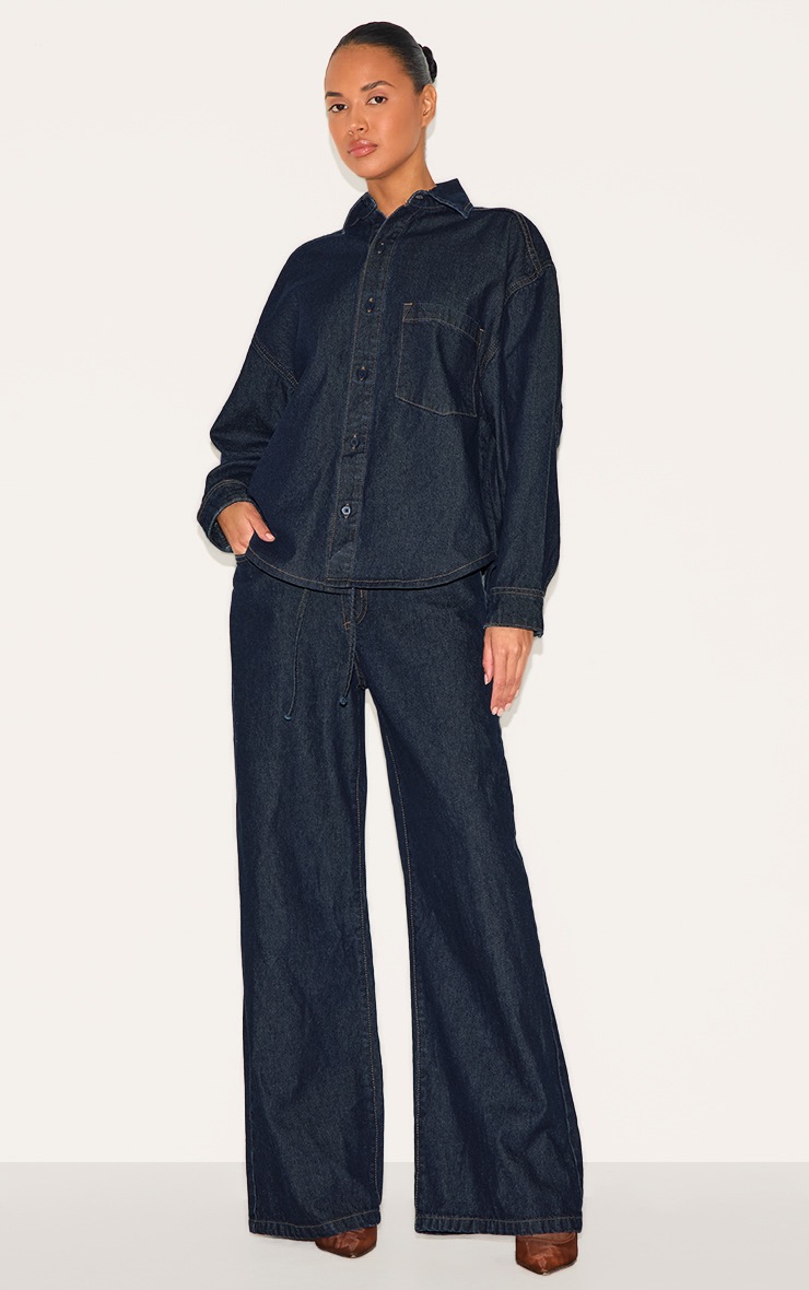 Dark Indigo Dip Hem Button Up Denim Shirt | Denim | PLT