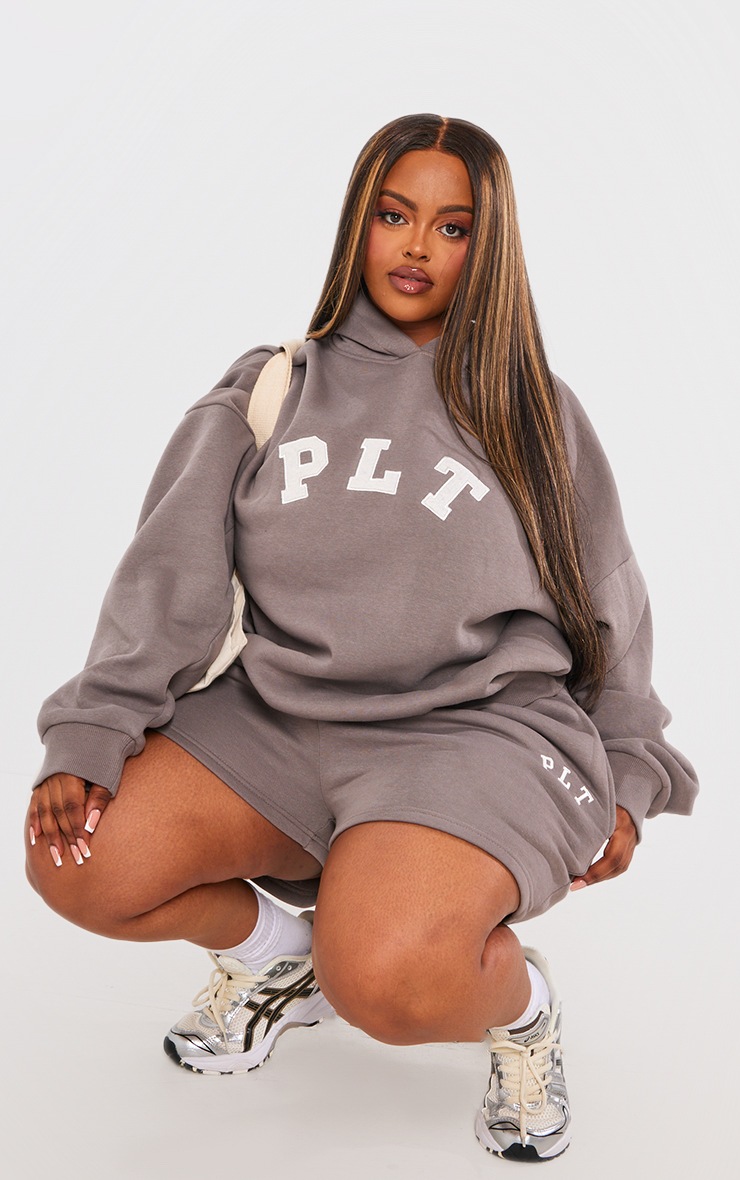 PLT Plus Charcoal Logo Oversized Hoodie | Plus Size | PrettyLittleThing KSA