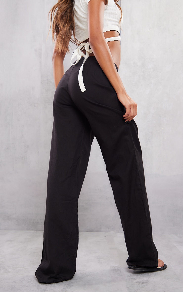 Black Linen Look Straight Leg Trousers | PrettyLittleThing