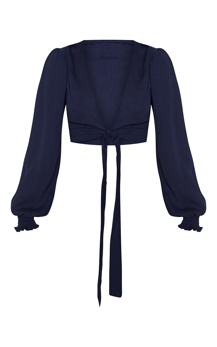 Navy Woven Plunge Ruched Sleeve Crop Top | PrettyLittleThing