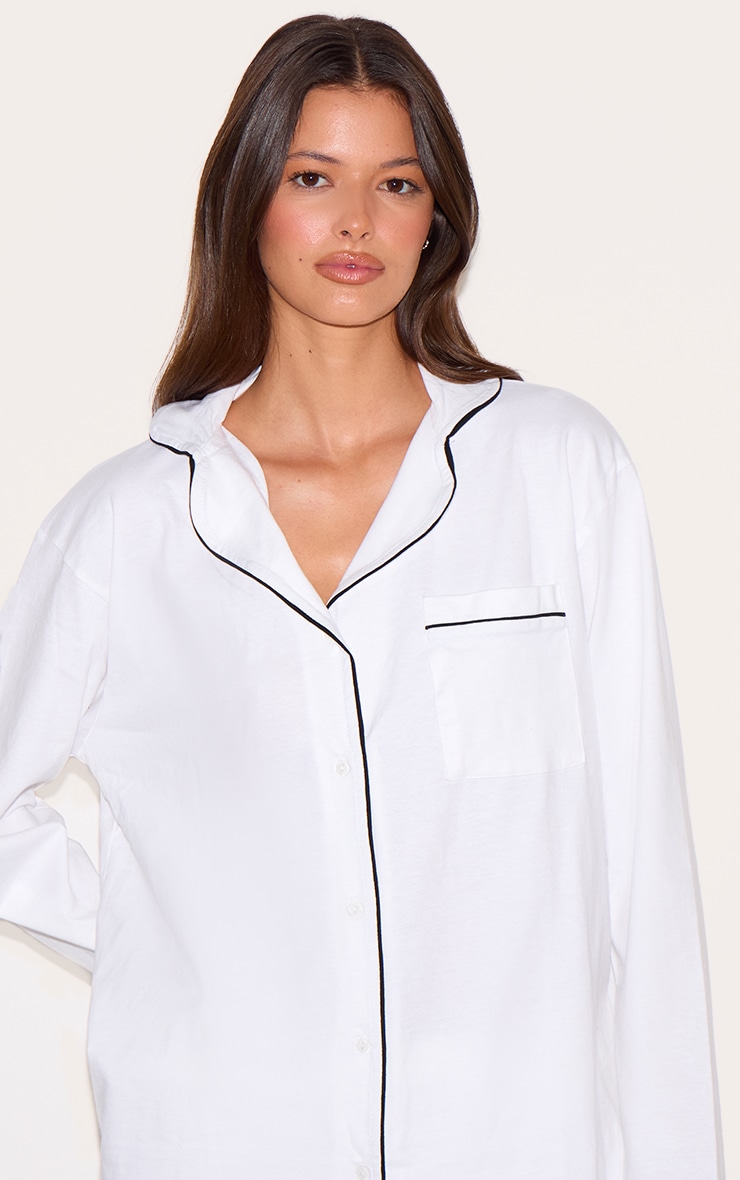 White Jersey Piping Detail Long PJ Set | Lingerie & Nightwear | PLT USA