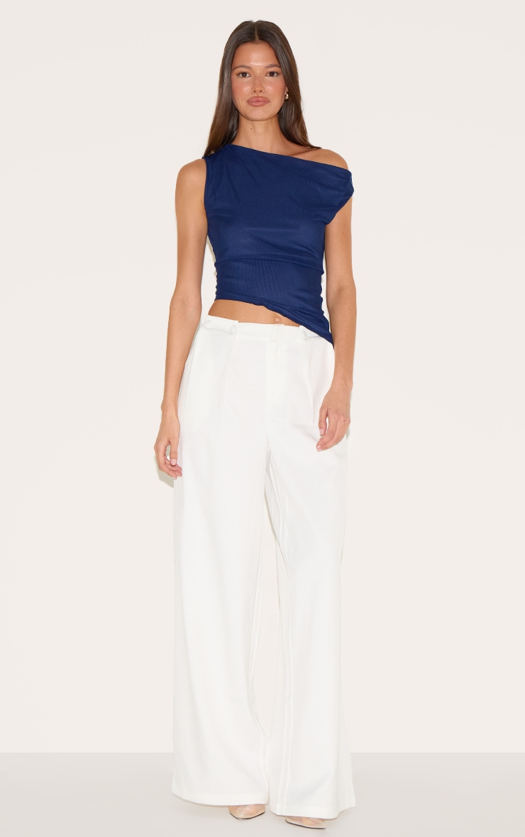 Navy Mesh Asymmetric Neck Top | Tops | PrettyLittleThing