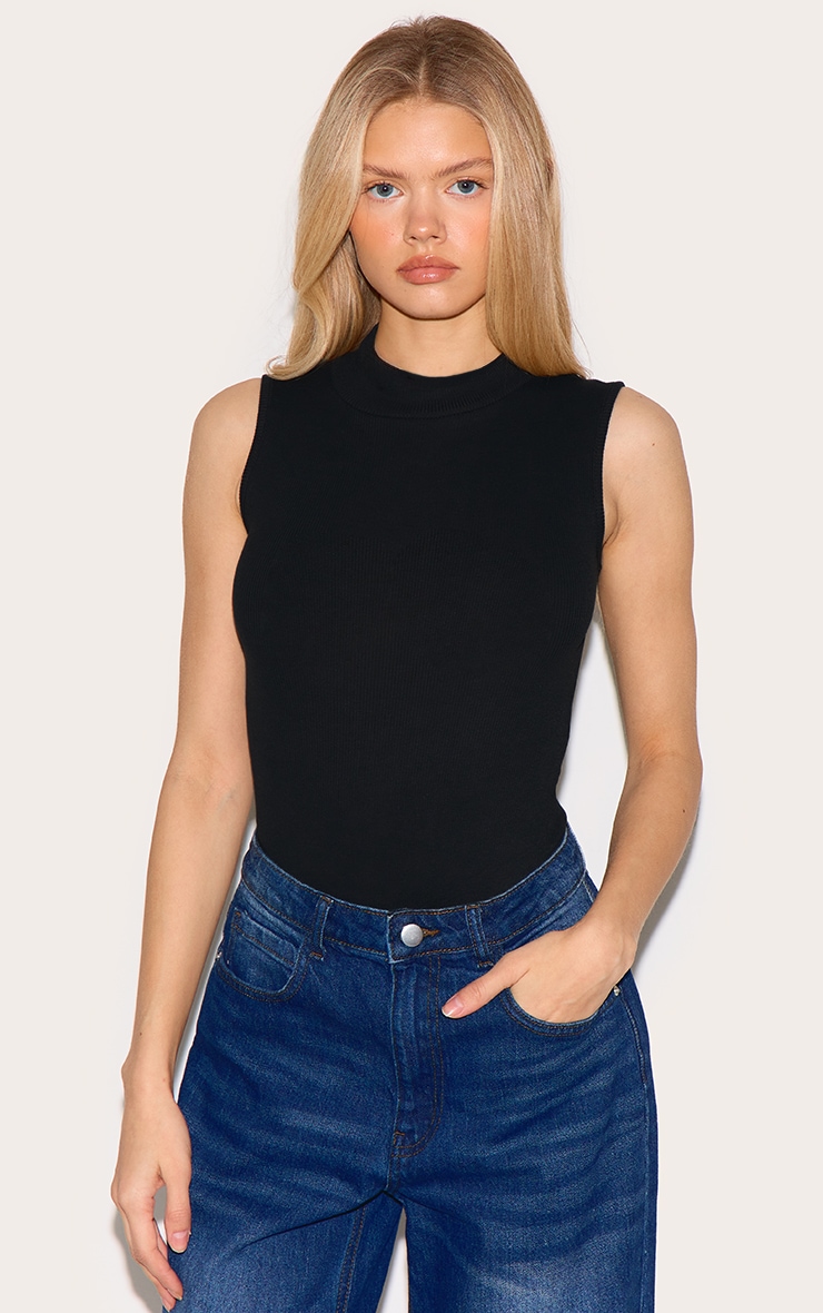 Black Rib High Neck Sleeveless Bodysuit | Tops | PrettyLittleThing USA
