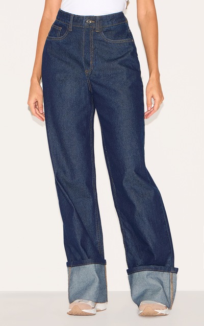 Dark Indigo High Waist Turn Up Leg Jeans | Denim | PLT