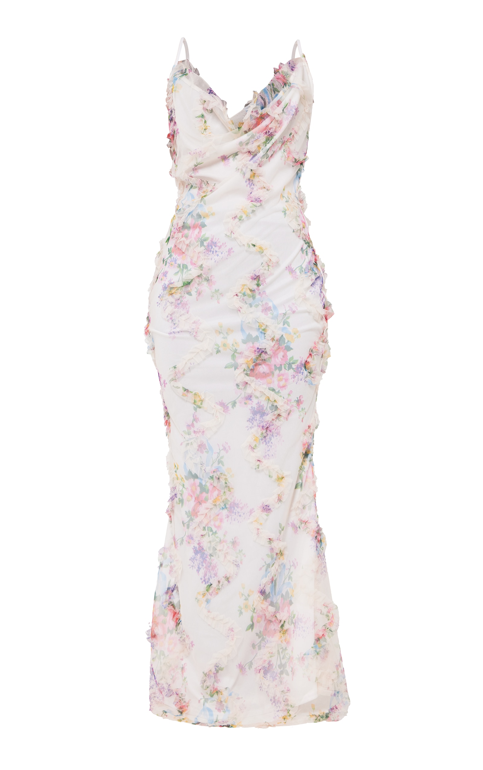 Multi Floral Printed Textured Cowl Neck Maxi Dress | Dresses | PLT
