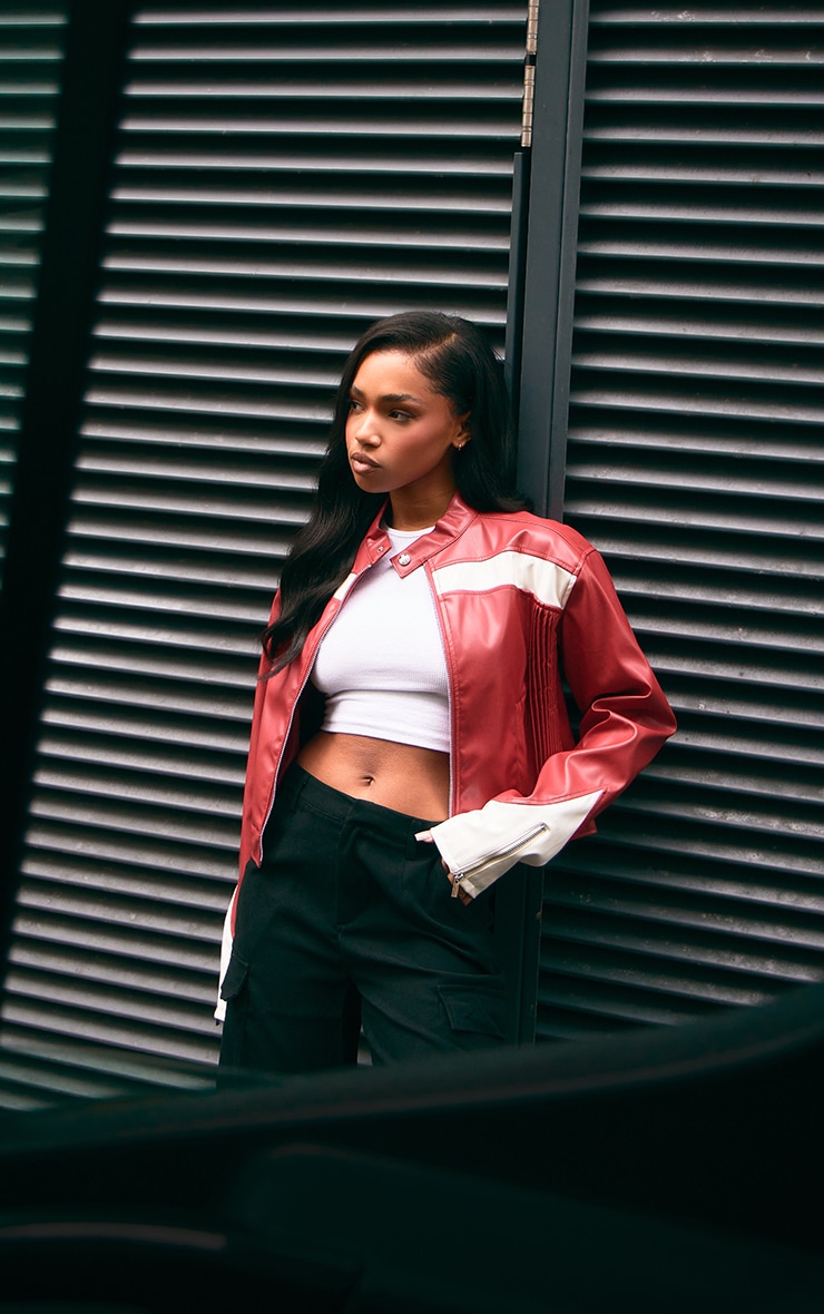 Red PU Racer Neck Pleated Detail Jacket | Outerwear | PrettyLittleThing USA