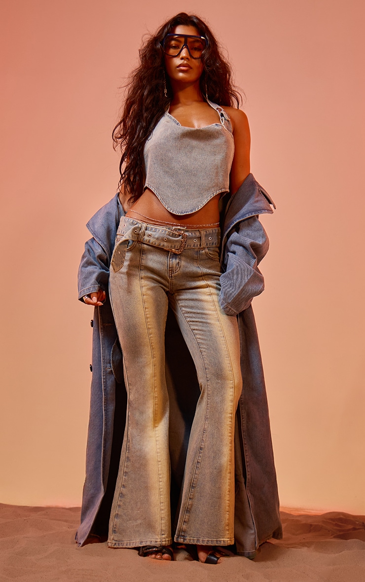 Vintage Blue Wash Buckle Western Style Denim Top | Denim | PLT USA