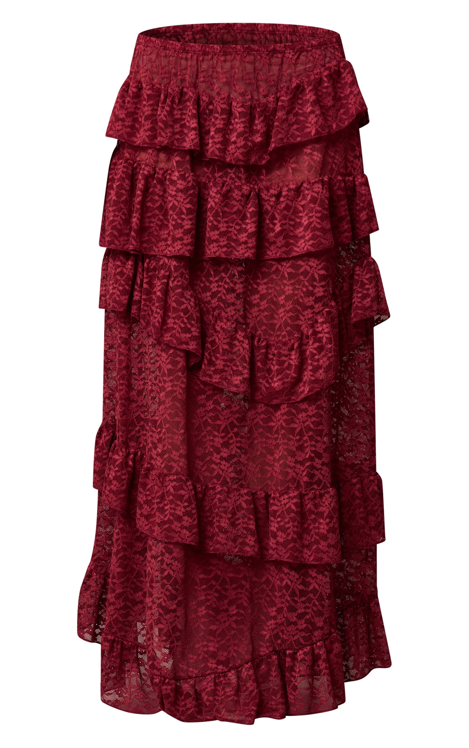 Dark Plum Lace Tiered Floaty Maxi Skirt | Bottoms | PrettyLittleThing AUS