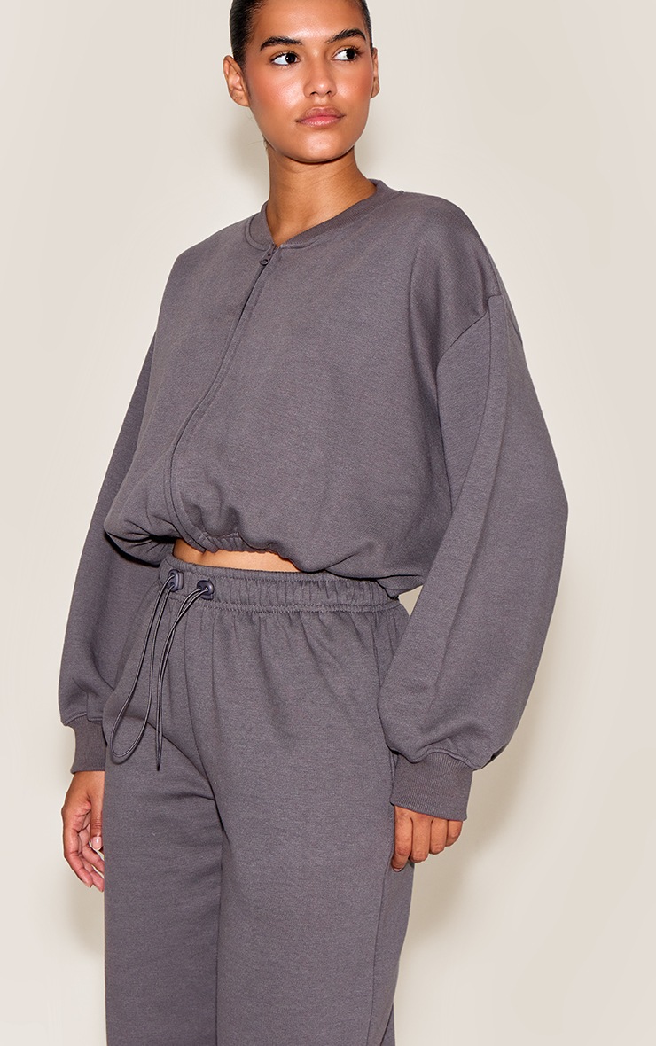 Charcoal Drawcord Waist Crop Zip Up Sweatshirt | Athleisure | PLT USA