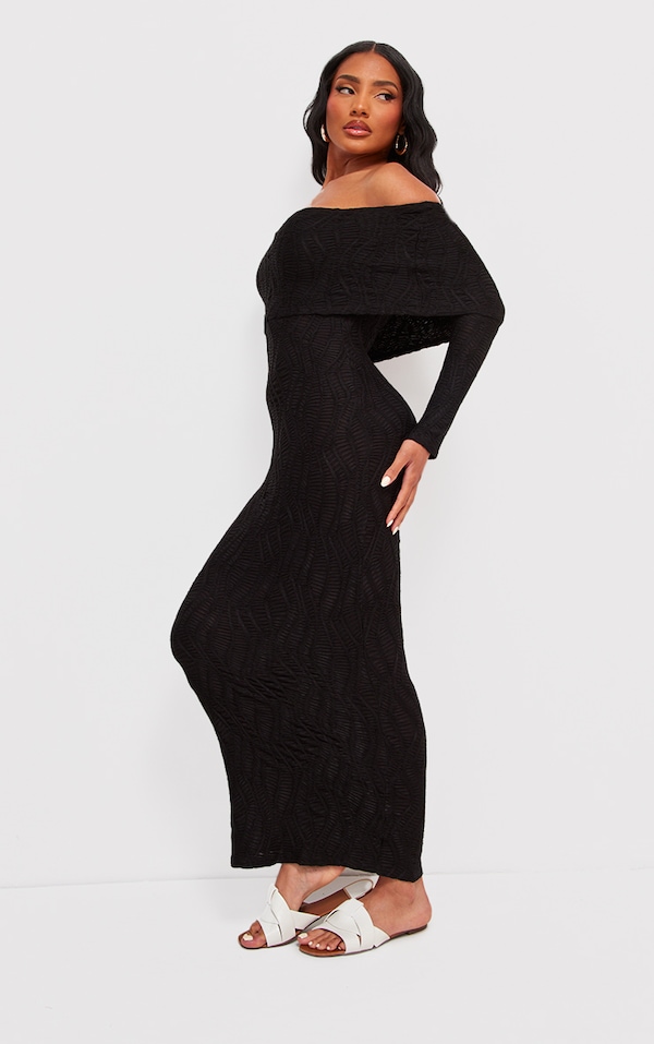 Black Textured Fold Over Bardot Maxi Dress | Dresses | PLT AUS