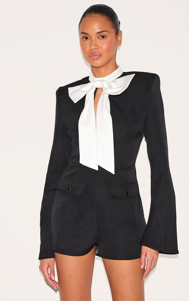 Black Woven Bow Tie Detail Playsuit | Jumpsuits & Playsuits | PrettyLittleThing