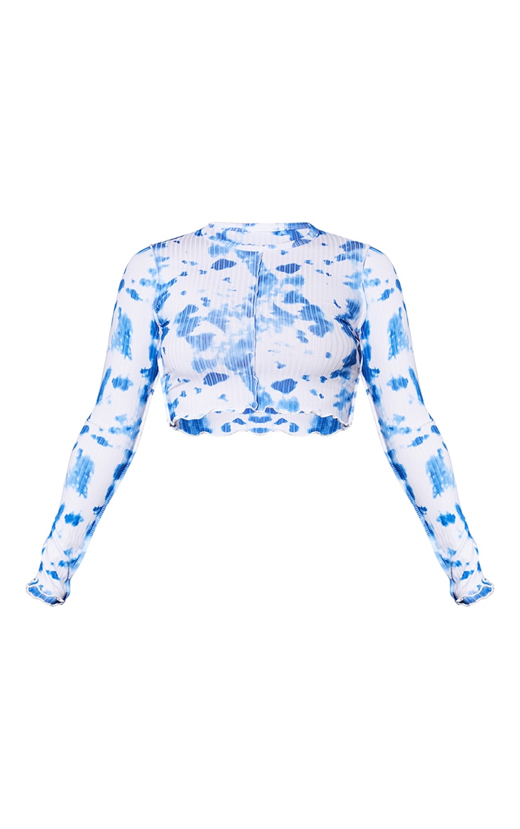 Blue Rib Tie Dye Contrast Long Sleeve Crop Top | PrettyLittleThing