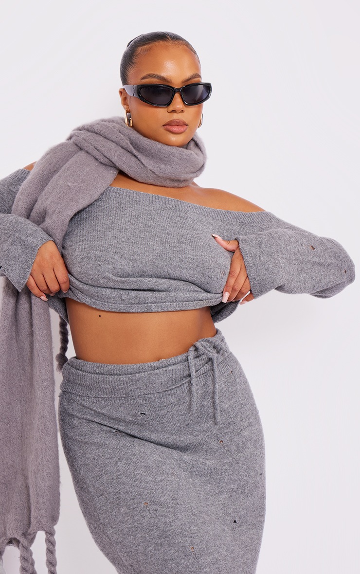 Plus Charcoal Grey Bardot Distressed Knit Sweater | Plus Size ...