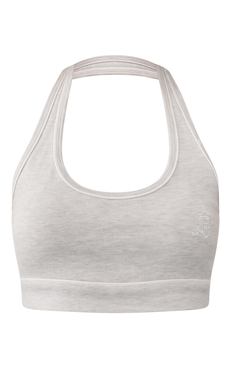 Grey Halter Neck Contrast Piping Padded Bra | Athleisure | PLT