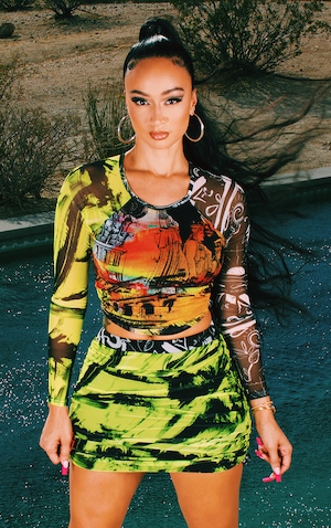 Multi Abstract Print Ruched Mesh Mini Skirt | PrettyLittleThing