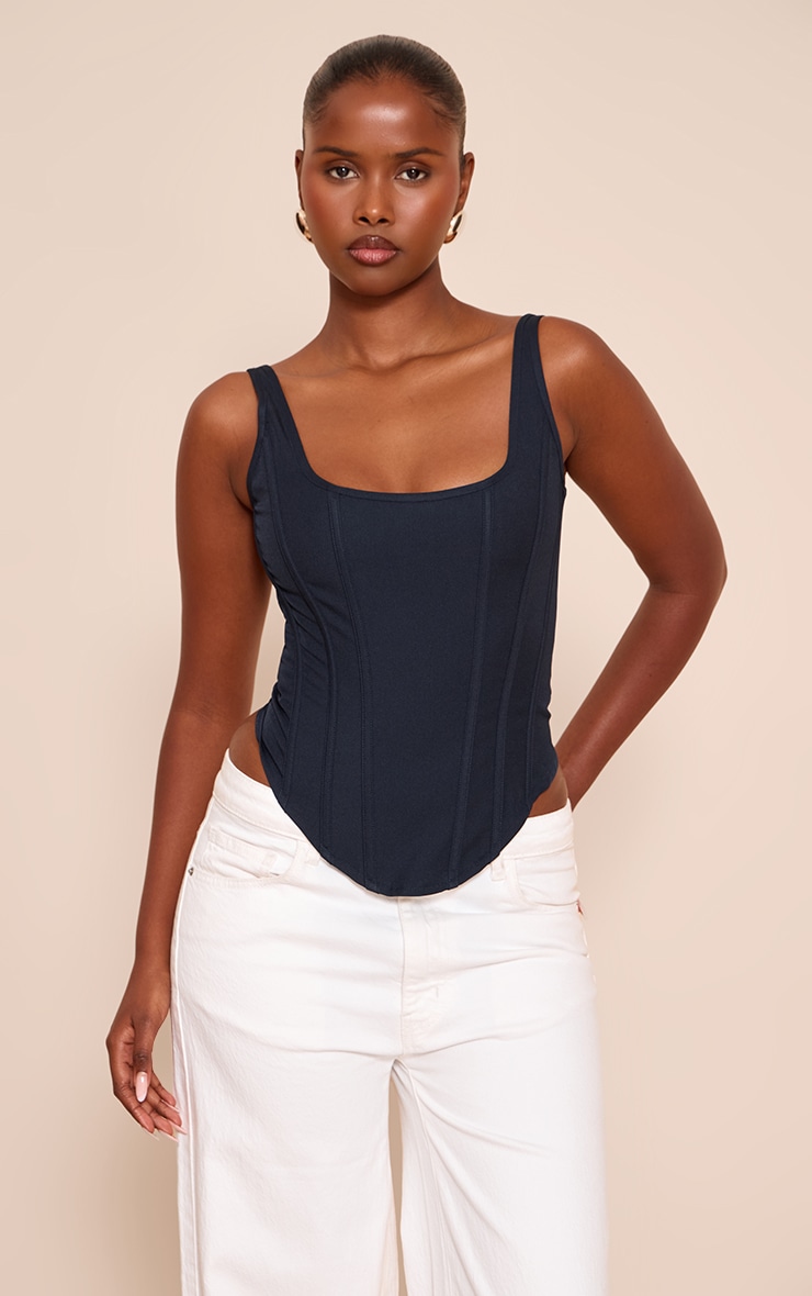Navy Boned Dip Hem Longline Corset | Tops | PLT